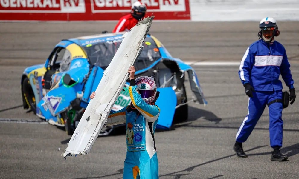 Joey Gase throws rear bumper cover at Dawson Cram after NASCAR Xfinity ...